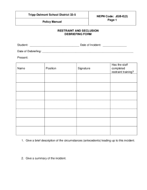 Fillable Online Restraint and Seclusion - Debriefing Form Fax Email ...