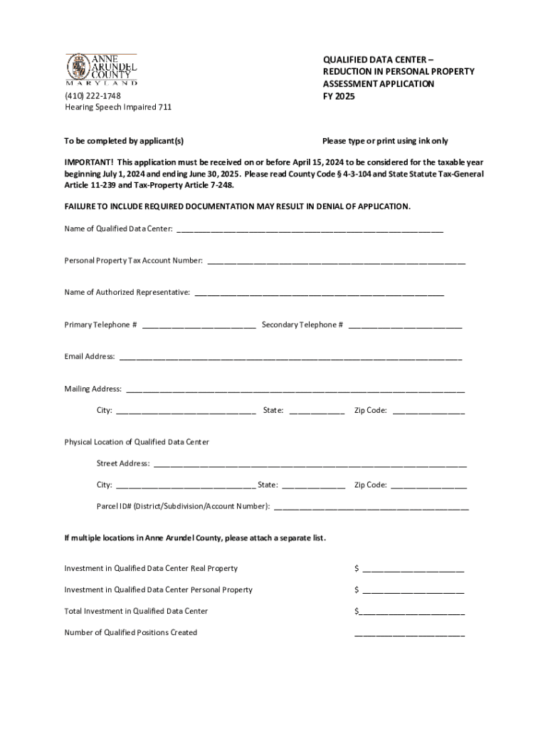 Fillable Online Data Center Tax Incentive ProgramMaryland Department of ...