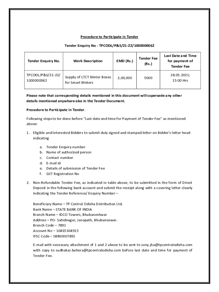 Fillable Online Tender Participation Fee (Rs) Last date and time for ...