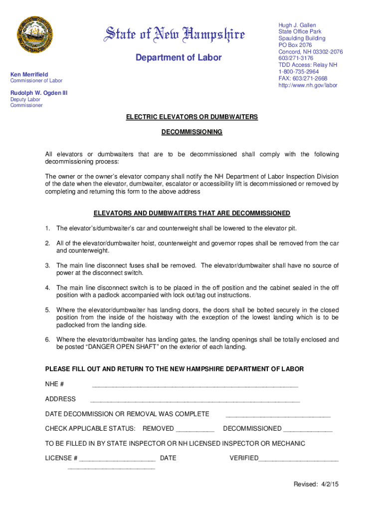 Fillable Online 4-2-15 electric elevators or dumbwaiters decommissioning Fax Email Print - pdfFiller