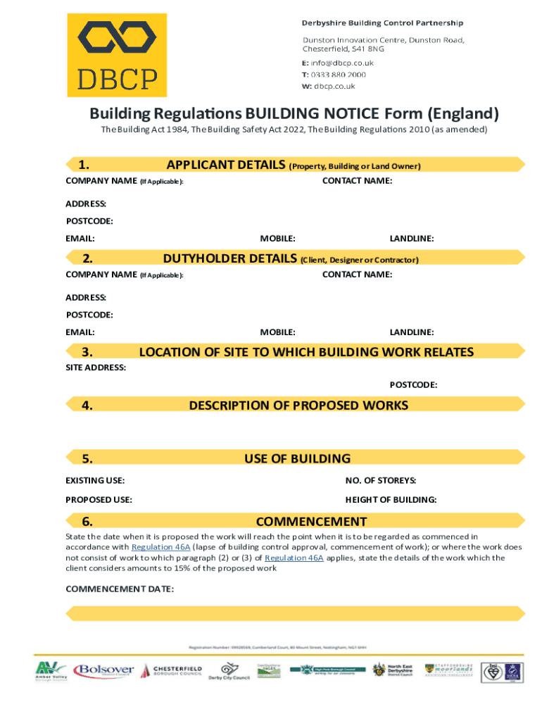 Fillable Online Building Regulation (England) Building Notice Form Fax ...