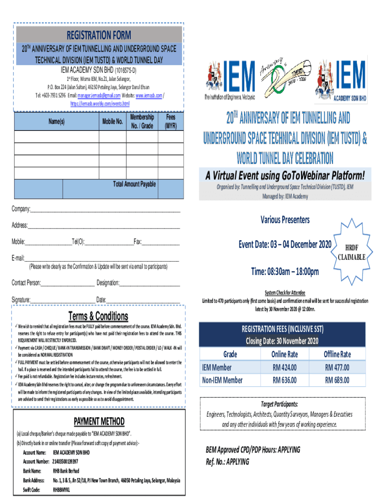 Fillable Online 20th Anniversary of IEM Tunneling and Underground ... Fax Email Print - pdfFiller