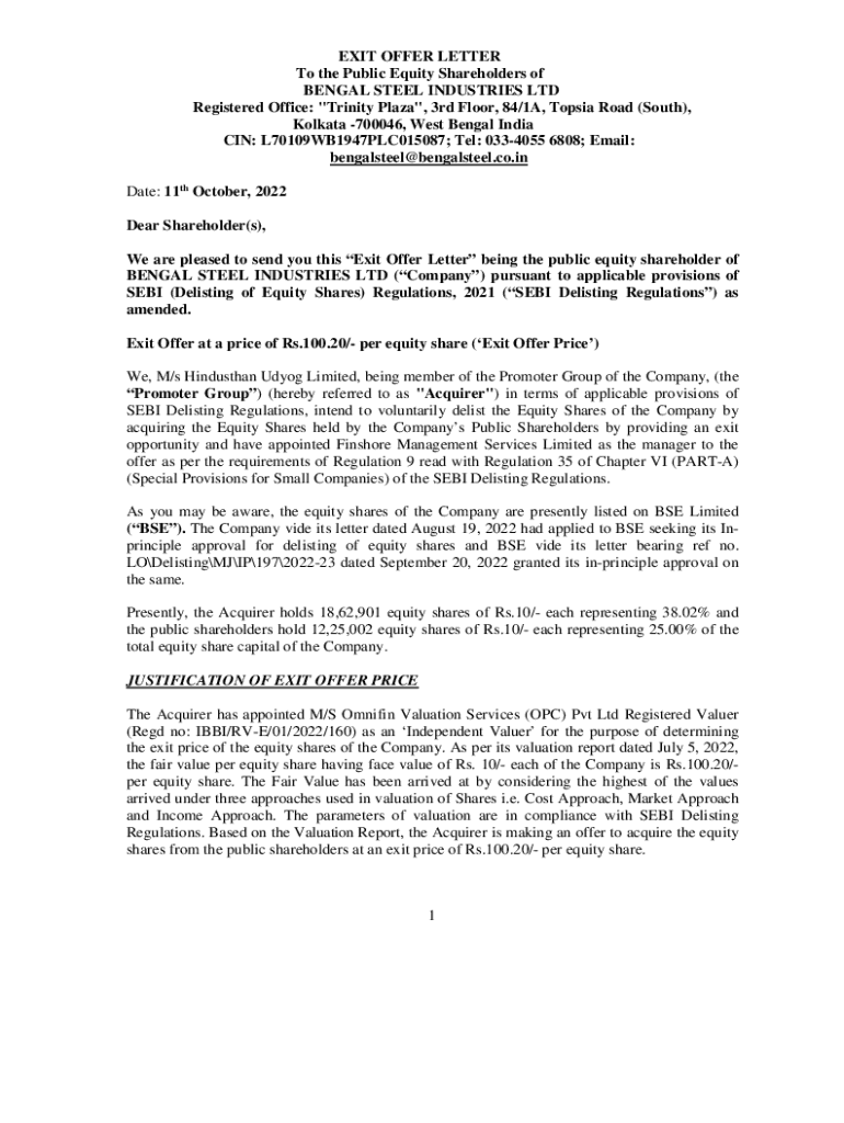 Fillable Online 1 EXIT OFFER LETTER To the Public Equity Shareholders ...