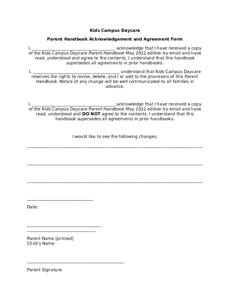 Parent Handbook Agreement - Kids Campus Daycare Doc Template | pdfFiller