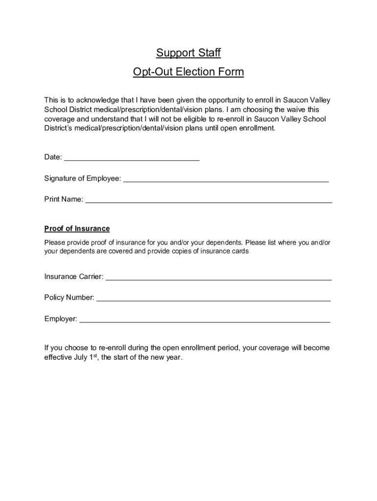 Fillable Online Support Staff Opt-Out Election Form Fax Email Print ...