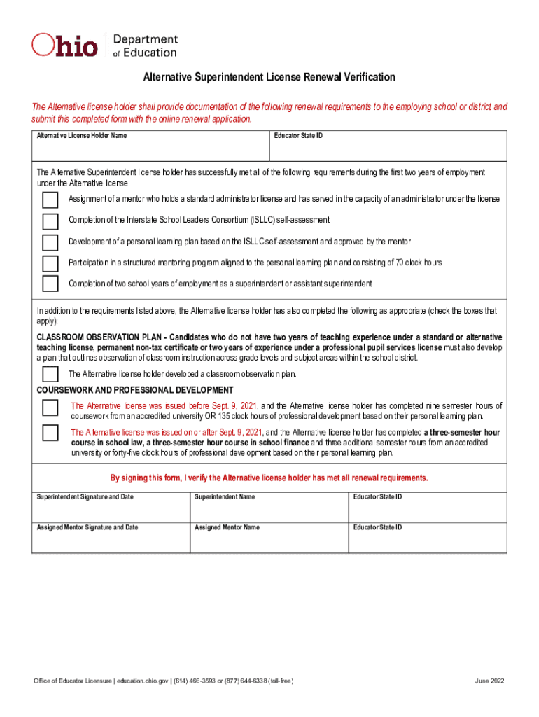 Fillable Online Alternative Superintendent License Renewal Verification Form. Alternative ...