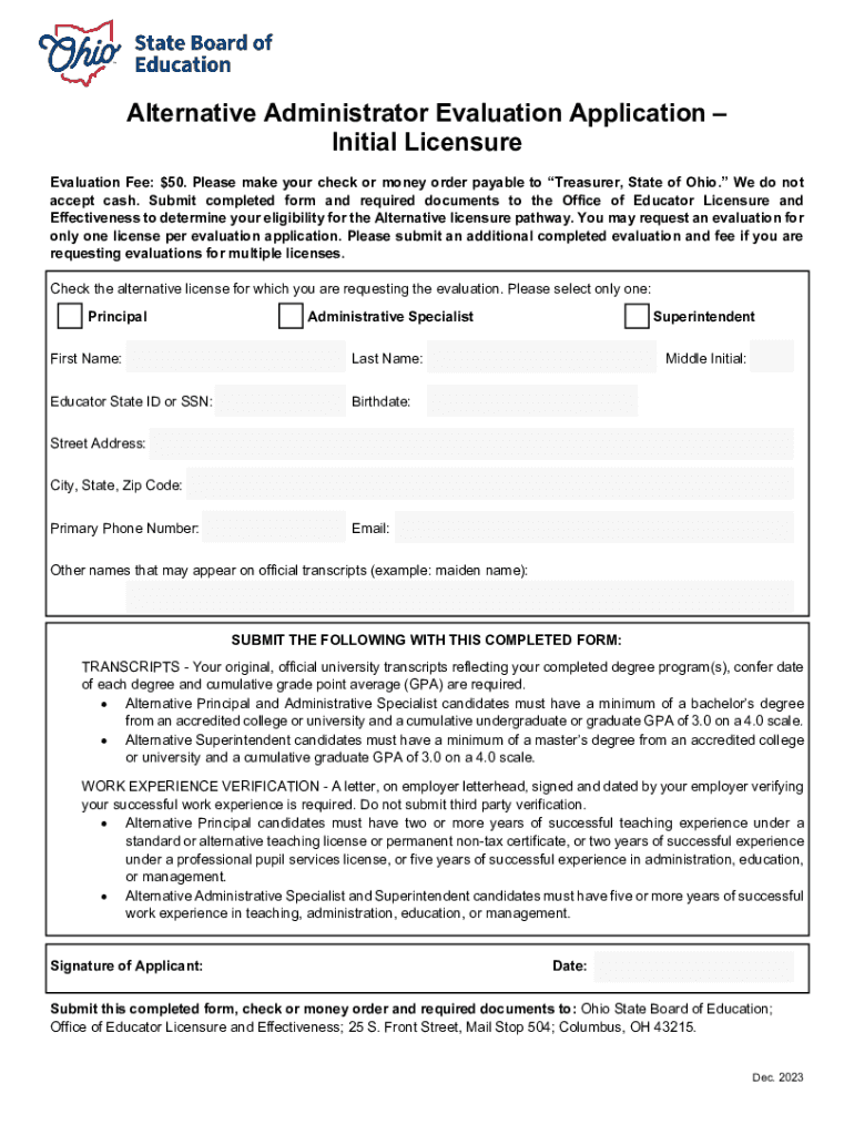 Fillable Online Alternative Administrator Evaluation Application Initial Licensure. Alternative ...