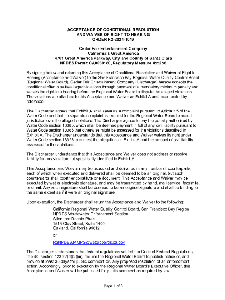 Fillable Online acceptance of conditional resolution - and waiver of ...