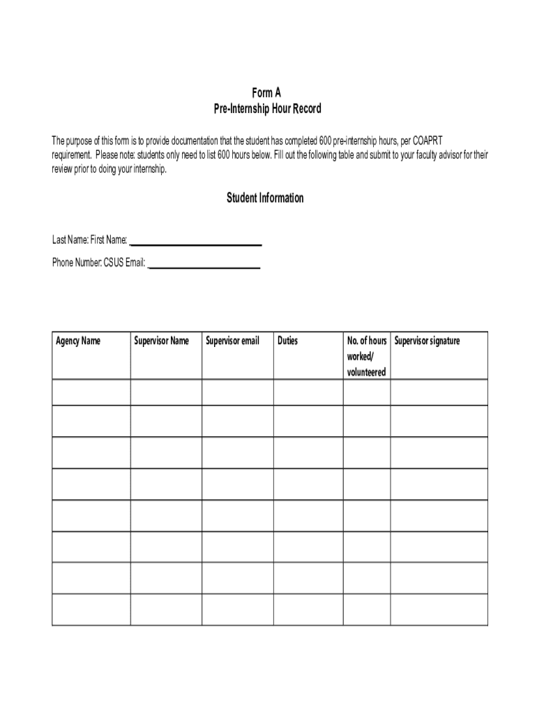 Fillable Online Form A Pre-Internship Hour Record Fax Email Print ...