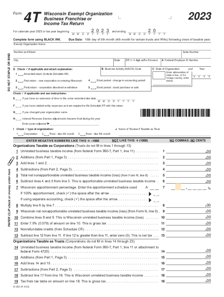 2023 IC-002 Form 4T Wisconsin Exempt Organization Business Franchise or ...