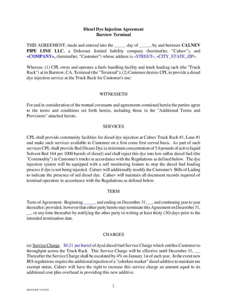 Fillable Online Diesel Dye Injection Agreement Barstow Terminal Fax ...