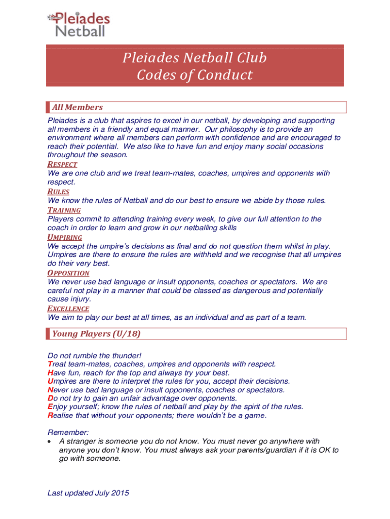 Fillable Online Constitution & Codes of Conduct - Pleiades Netball ...