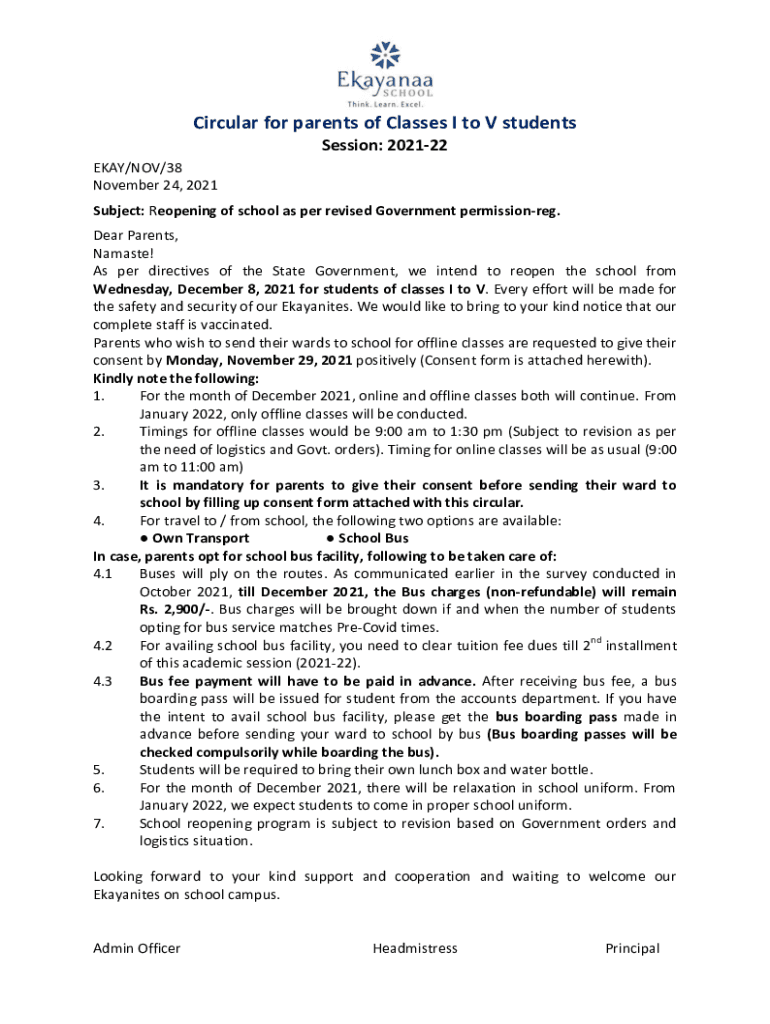 Fillable Online Circular for the parents of classes V to XII students ...