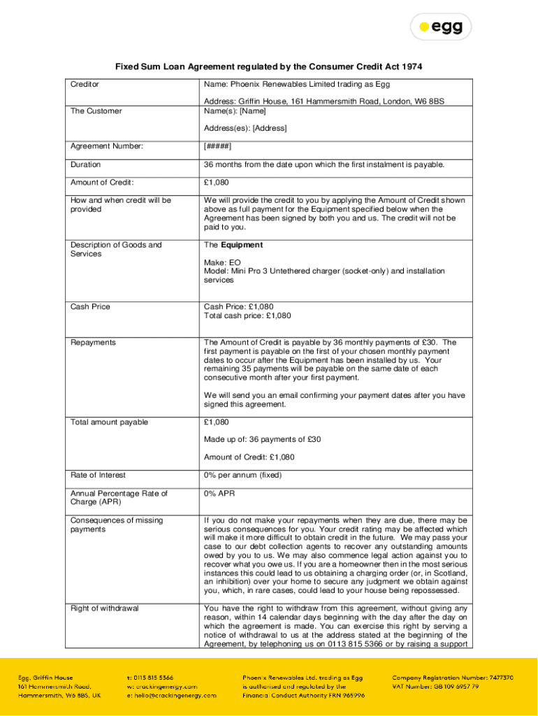 Fillable Online Fixed Sum Loan Agreement regulated by the Consumer ...