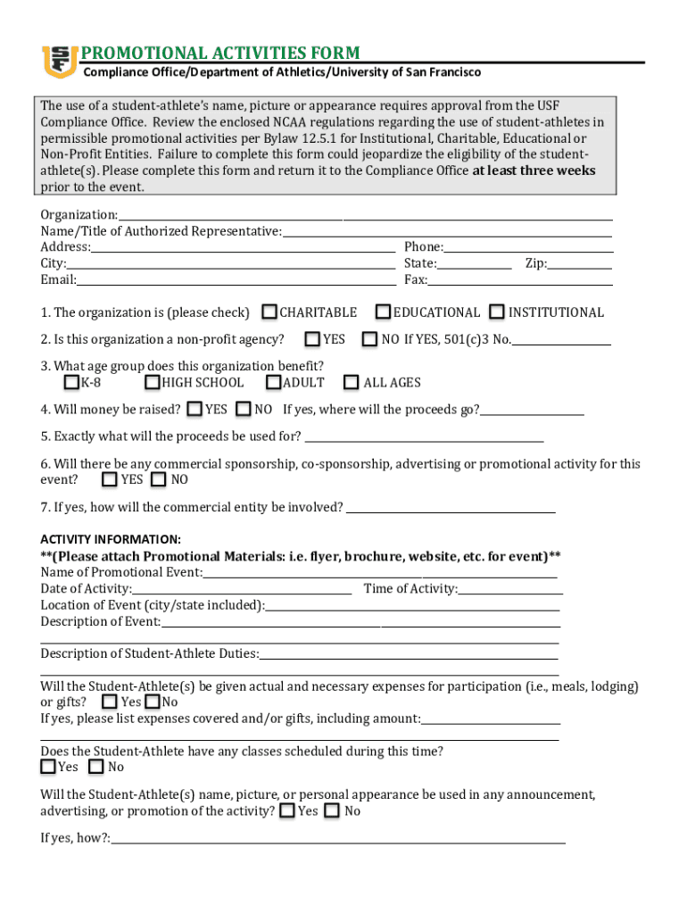 Fillable Online STUDENT-ATHLETE PROMOTIONAL FORM Fax Email Print - pdfFiller