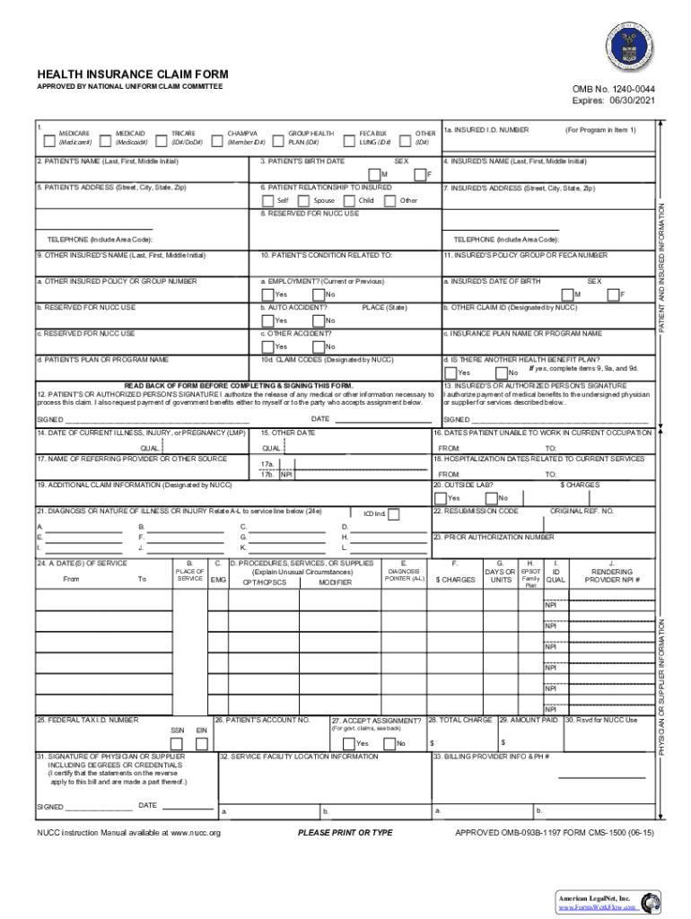 Fillable Online OWCP-1500 Health Insurance Claim Form - OMB 1240-0044 ...