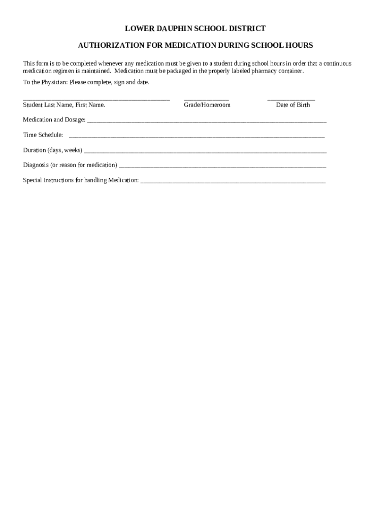 Authorization for In-School Medications Doc Template | pdfFiller