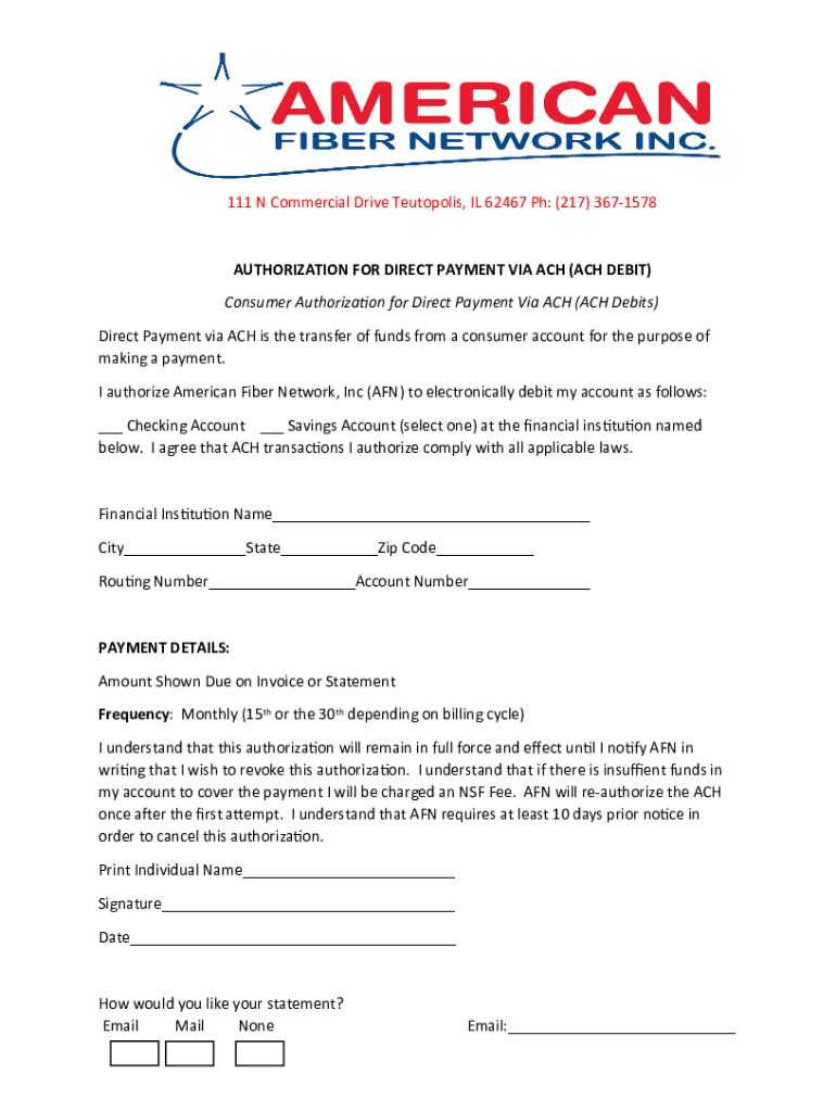 Fillable Online Direct Payment (ACH Debit) Authorization Form Fax Email Print - pdfFiller