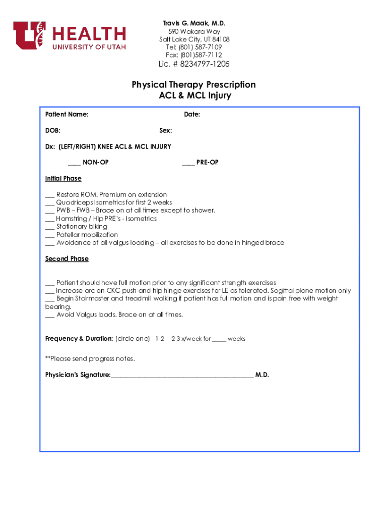 Fillable Online Physical Therapy Prescription ACL Fax Email Print ...