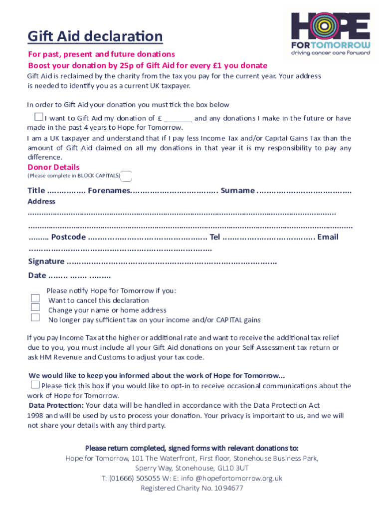Fillable Online hopefortomorrow org Gift Aid Declaration Form.pdf Fax ...