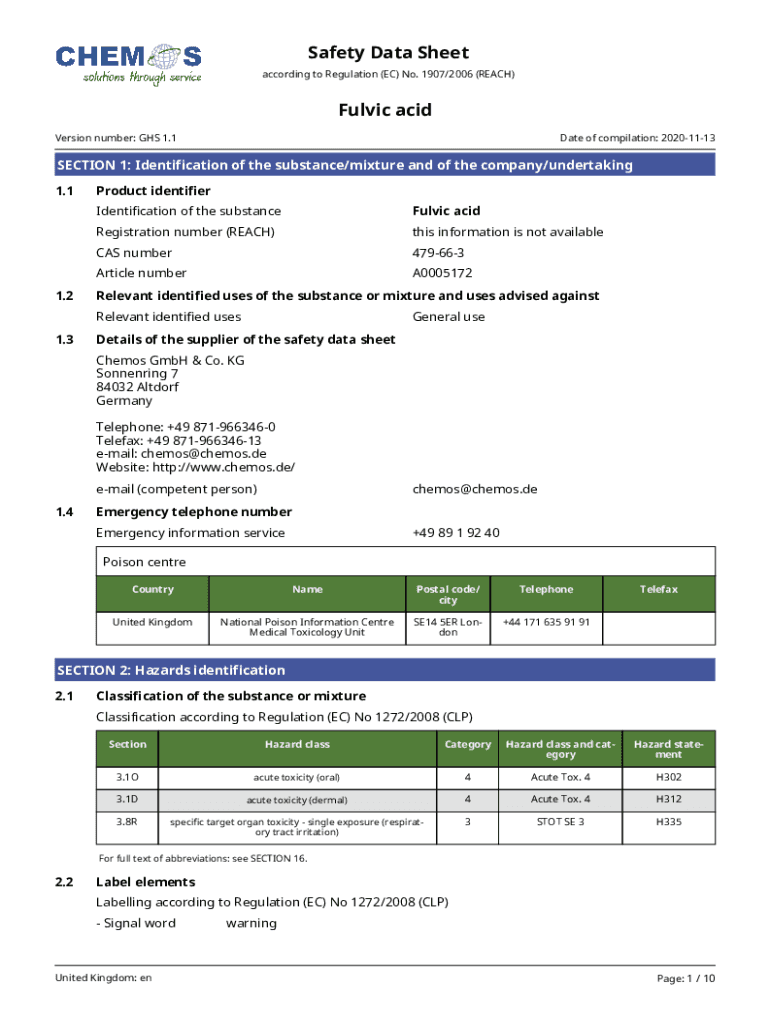 Fillable Online Safety Data Sheet: Fulvic acid Fax Email Print - pdfFiller