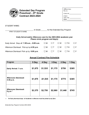 Fillable Online Extended Day Program Preschool8th Grade Contract ...