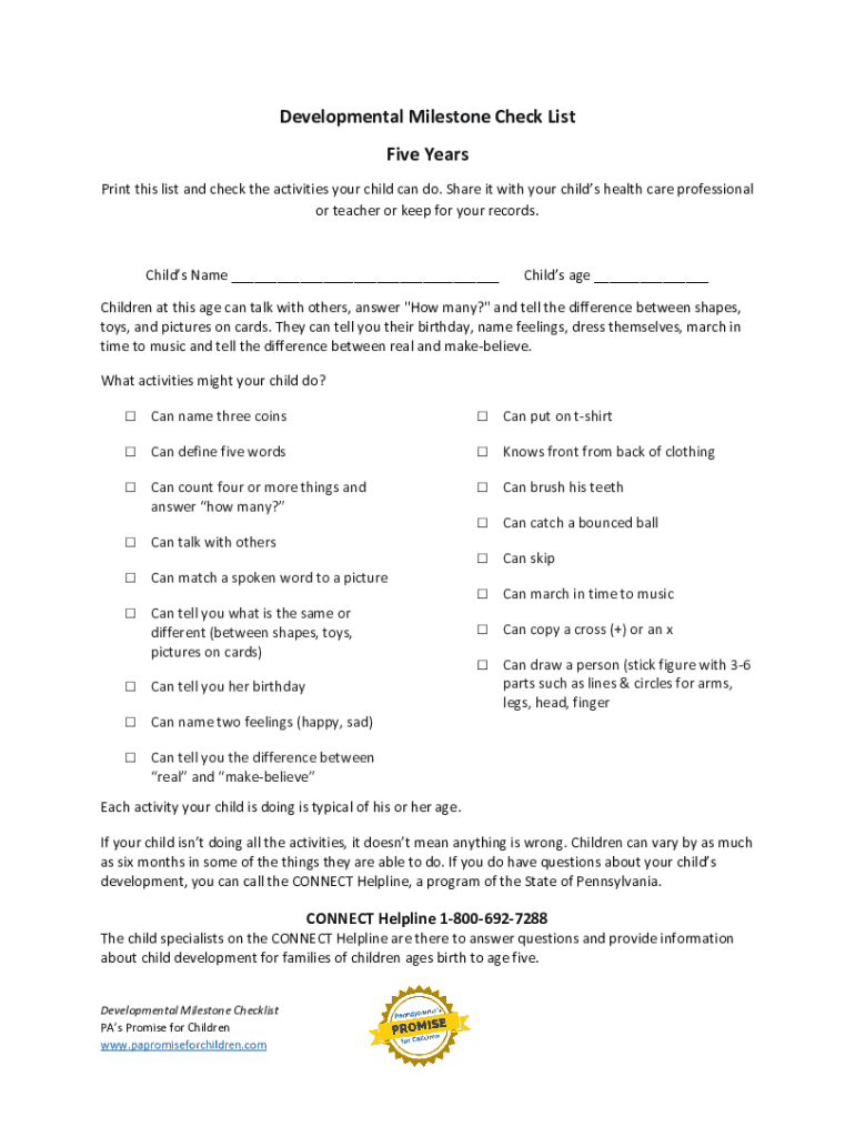 Fillable Online Developmental Milestone Check List Five Years Fax Email Print - pdfFiller