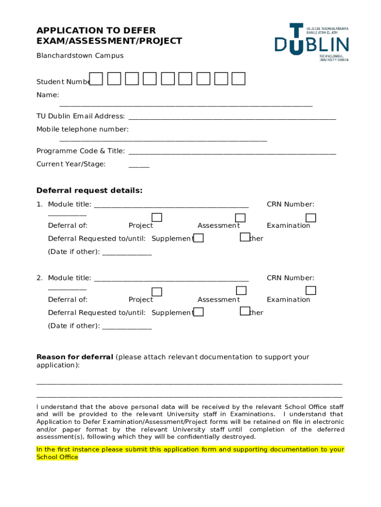 Repeat/Deferred Exams or Other Assessment Types Doc Template | pdfFiller