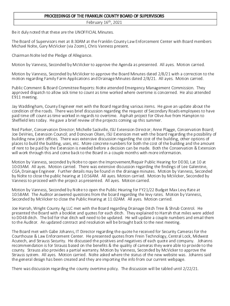 Fillable Online The Board of Supervisors met at 8:30AM at the Franklin County Law Enforcement ...
