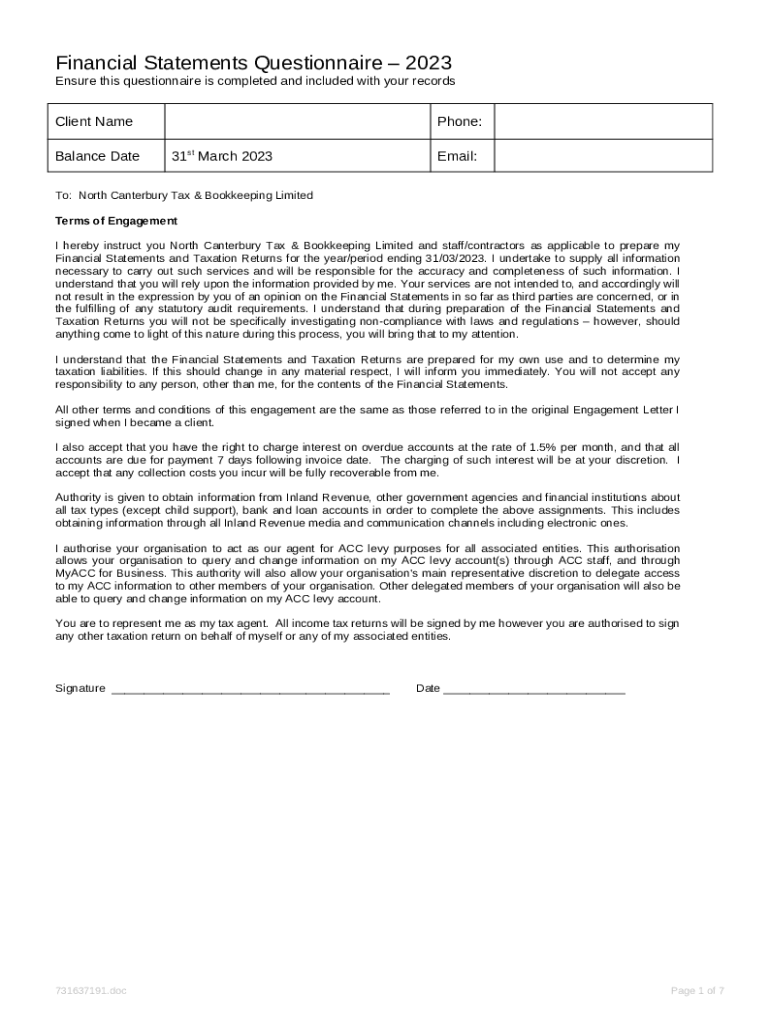 Financial Statements Company Questionnaire31 March 2023 Doc Template | pdfFiller