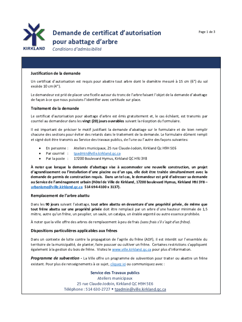 Remplissable En Ligne Demande de certificat d'autorisation pour abattage d'arbre Fax Email ...