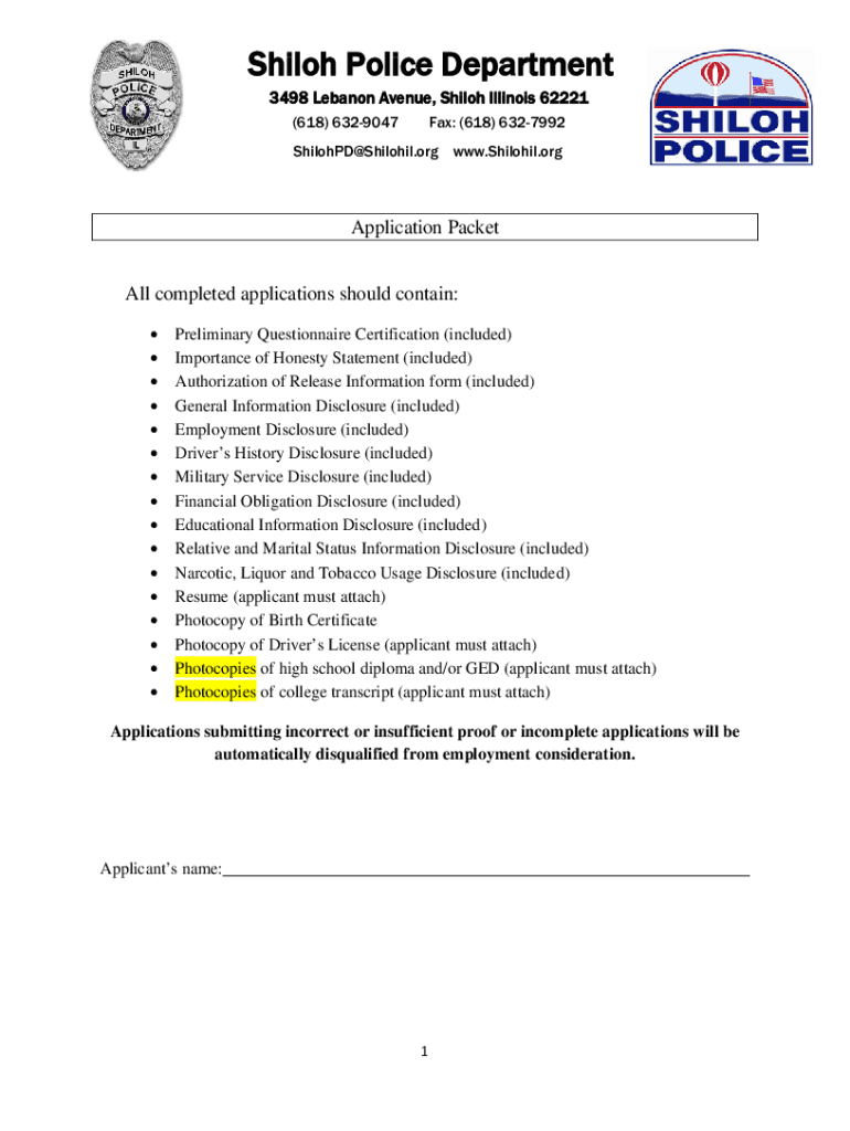 Fillable Online Police Department - Village of Shiloh, Illinois Fax ...