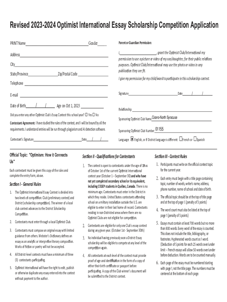 Fillable Online Application for 2023-2024 Optimist International Essay ... Fax Email Print ...