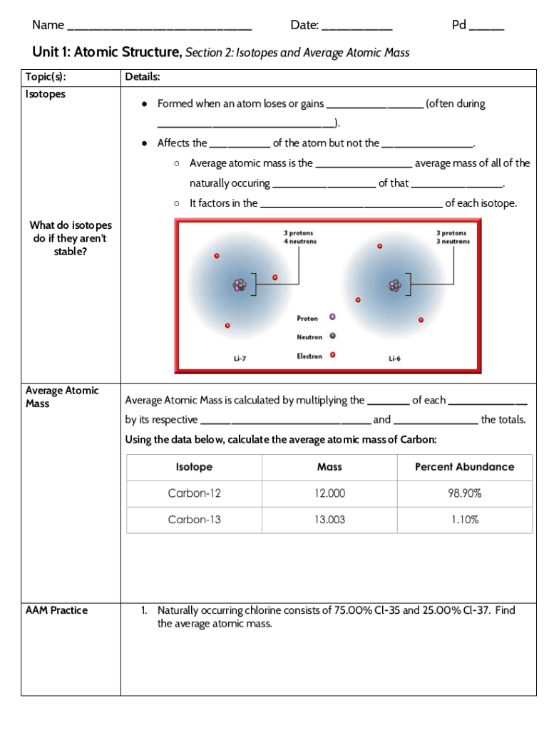 Fillable Online Unit 1: Atomic Structure, S ection 2: Isotopes and ...