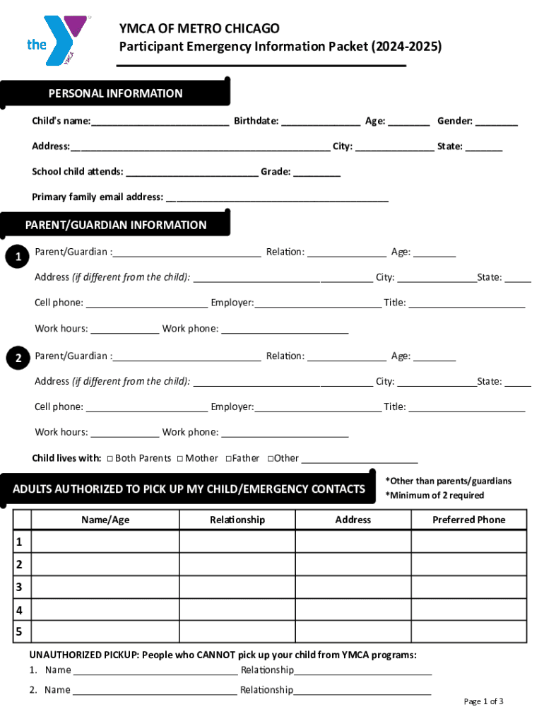 Fillable Online YMCA OF METRO CHICAGO Participant Emergency Information ...