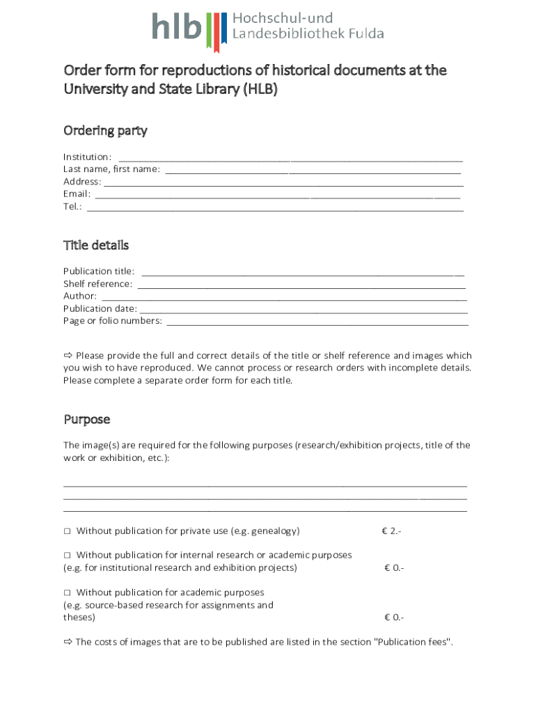 Fillable Online Order form for reproductions of historical documents at ...