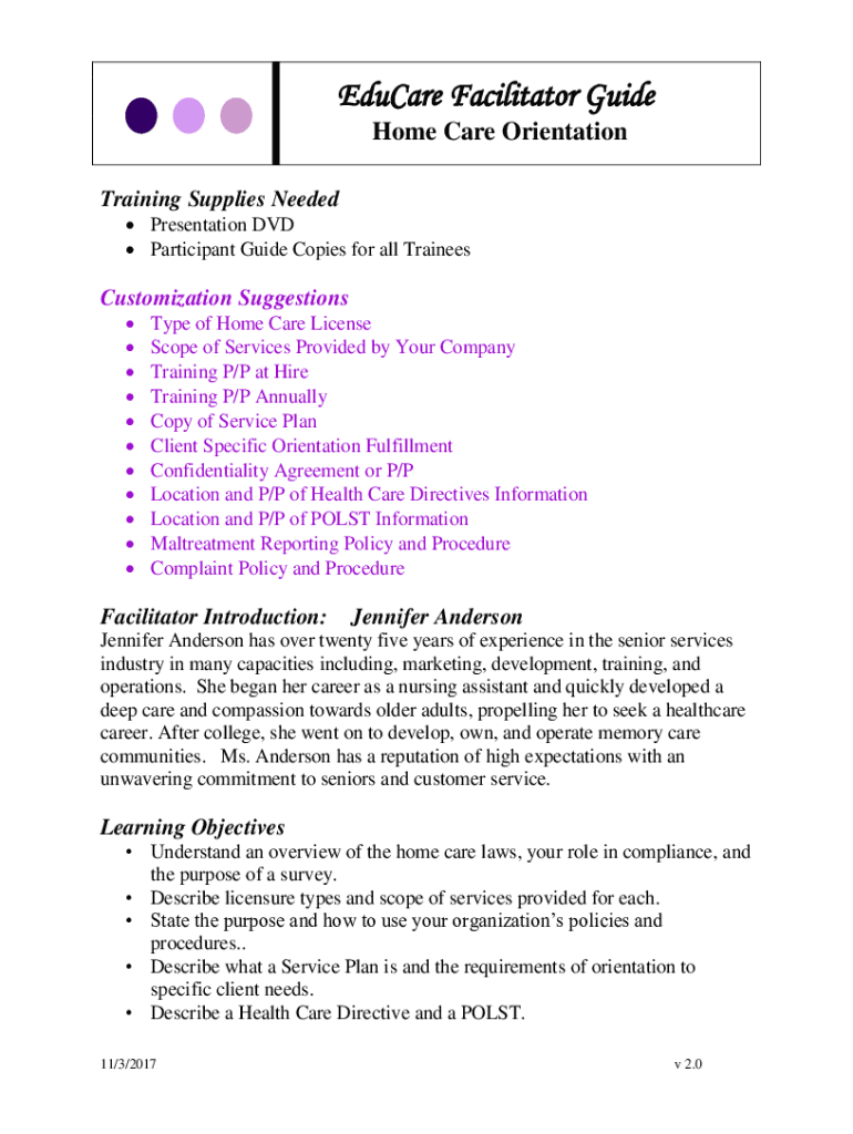 Fillable Online EduCare Facilitator Guide - Home Care Orientation Fax Email Print - pdfFiller