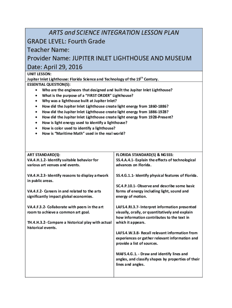 Fillable Online ARTS and SCIENCE INTEGRATION LESSON PLAN GRADE LEVEL ...