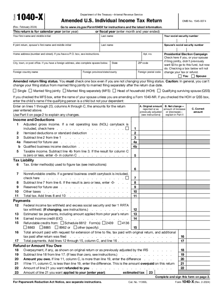 Fillable Online Form 1040-X (Rev. February 2024). Amended U.S. Individual Income Tax Return Fax ...