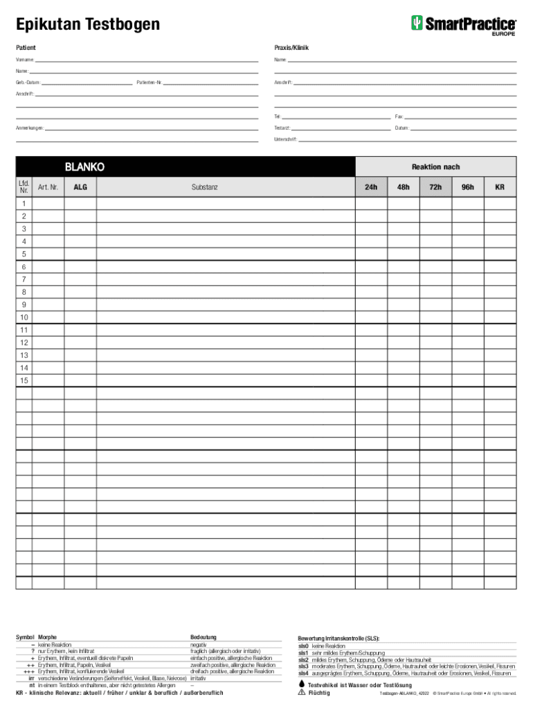 Ausfüllbar Online 827142018 SPE Epikutan Testbogen-Allergen Patient ...