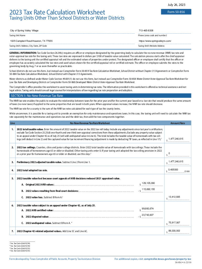 Fillable Online 2023 Tax Rate Calculation Worksheet - Hemphill County ...