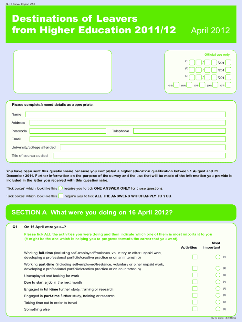 Fillable Online Destination of Leavers from Higher Education Fax Email ...