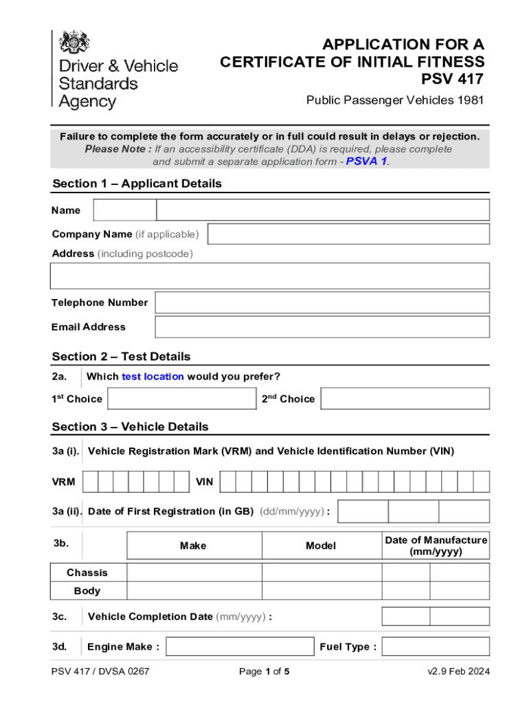Fillable Online Application for a Certificate of Initial Fitness PSV ...