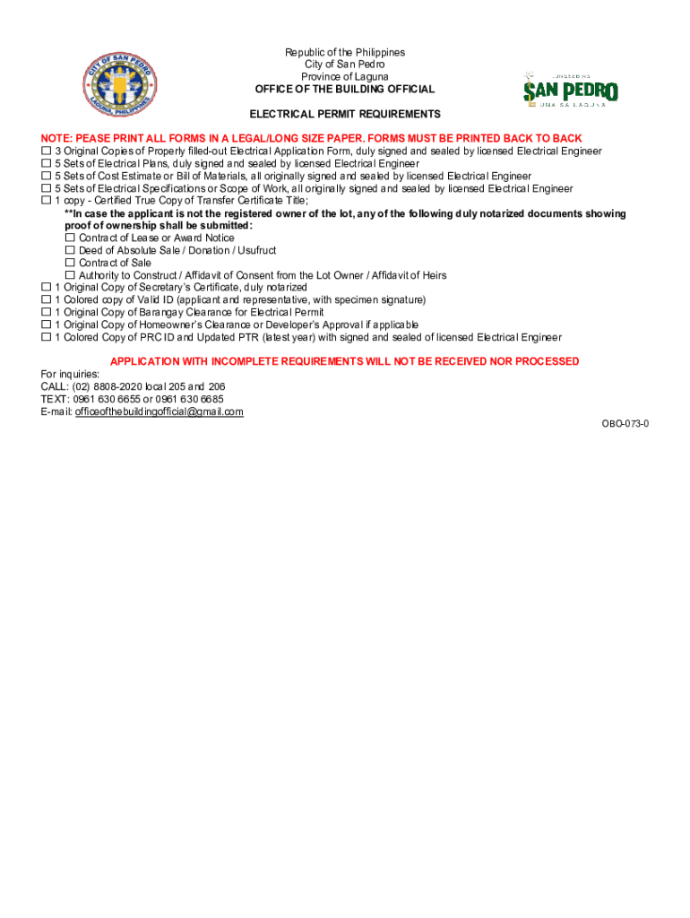 Fillable Online Electrical Permit Requirements: Department of The ...