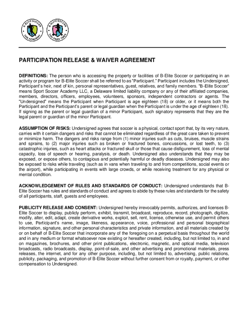 Fillable Online participation, release and waiver agreement Fax Email ...