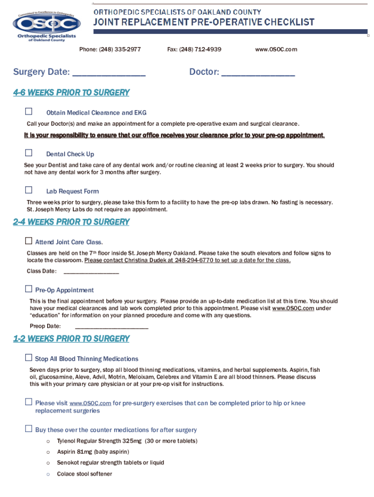 Fillable Online Your pre-op check-up - Pre-admission Clinic Fax Email ...