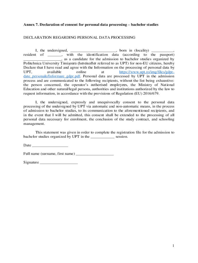 Fillable Online Declaration of consent for personal data processing bachelor studies Fax Email ...