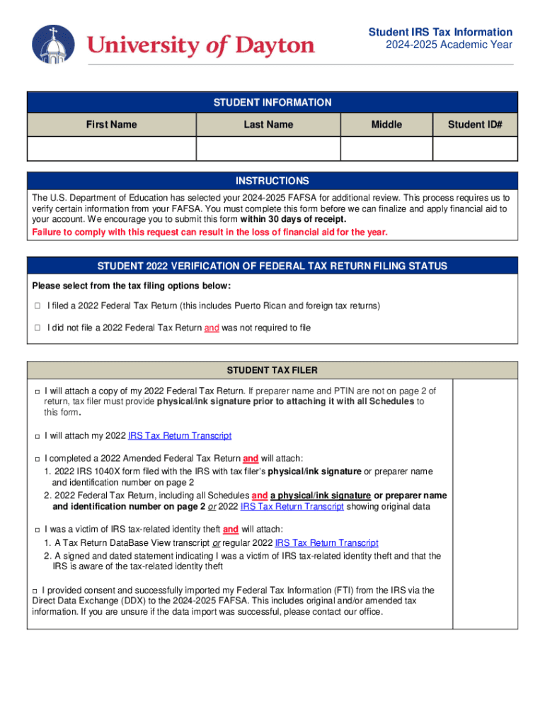 Fillable Online Student IRS Tax Information 2024-2025 Academic Year Fax ...