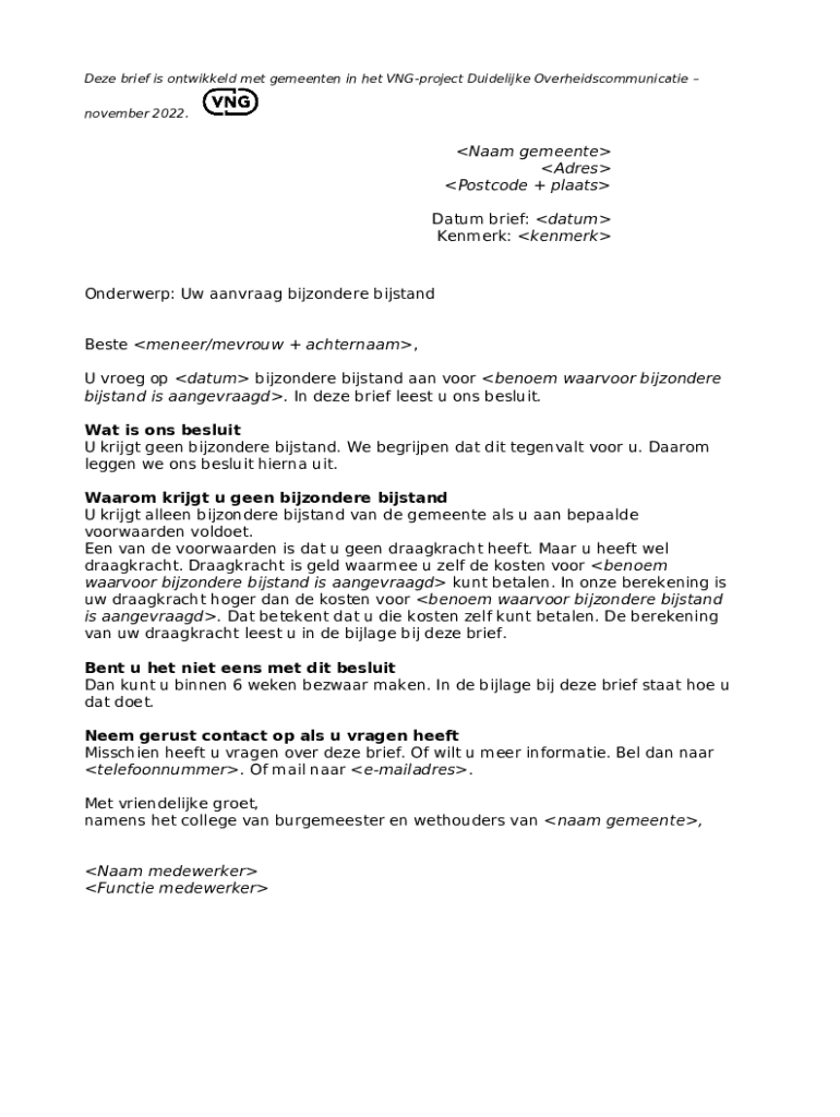 Brief afwijzing bijzondere bijstand Doc Template | pdfFiller