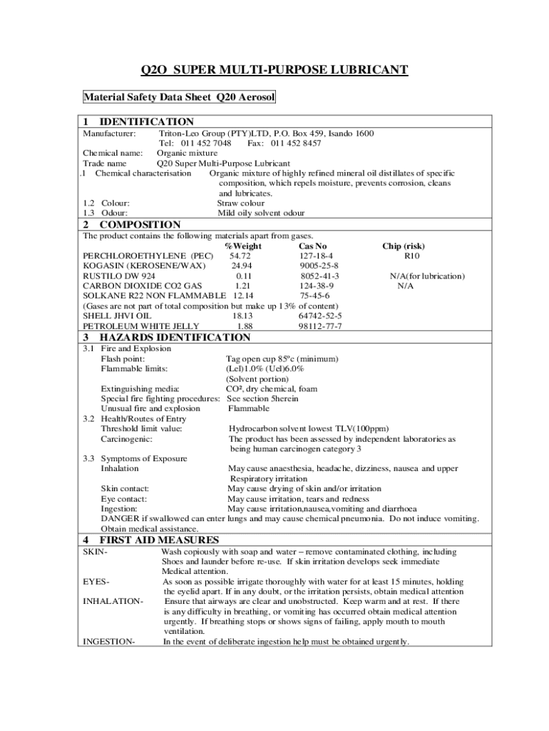 Fillable Online Multi-Purpose Lubricant - Safety Data Sheet - NET Fax Email Print - pdfFiller